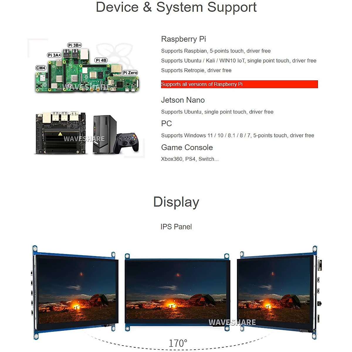 [Latest Version] Waveshare 7inch Capacitive Touch Screen LCD Monitor for RPi 400 4 3 Model B Compatible with All Versions of Raspberry Pi Windows with HDMI/VGA Port