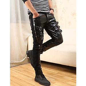 Idopy Men`s Rock Punk Hip Hop Faux Leather Motocycle Pants (32W x 41L, Black)
