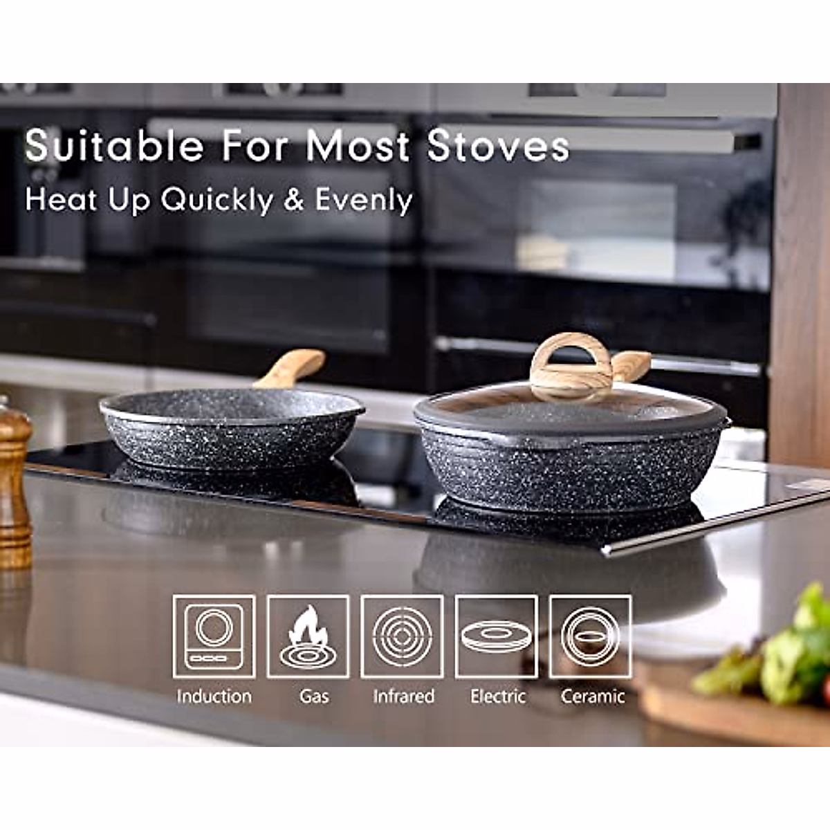 JEETEE Pots and Pans Set Nonstick 20PCS, Granite Coating Cookware Sets Induction Compatible with Frying Pan, Saucepan, Sauté Pan, Grill Pan, Cooking Pots, PFOA Free, (Grey, 20pcs Cookware Set)