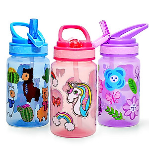 Home Tune 15oz Kids Water Drinking Bottle - BPA Free, Wide Mouth, Flip Straw Sip Lid, Easy Open, Lightweight, Leak-Proof, Cute Design For Girls & Boys - 3 Pack Flower & Unicorn & Llama