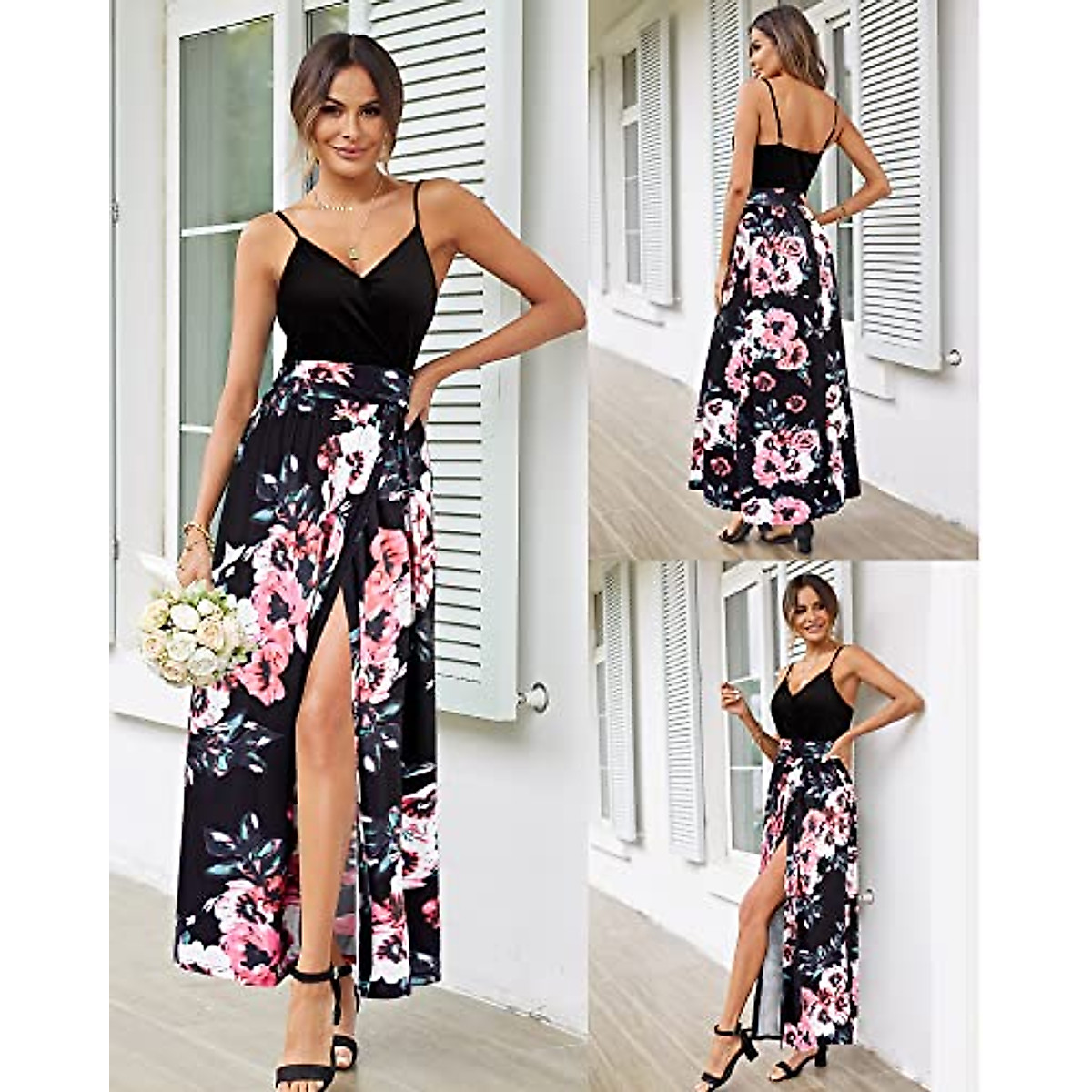Newshows Womens' Summer V Neck Spaghetti Strap Sleeveless Casual Split Vestidos Beach Long Maxi Dress Trendy(Floral 02,L)