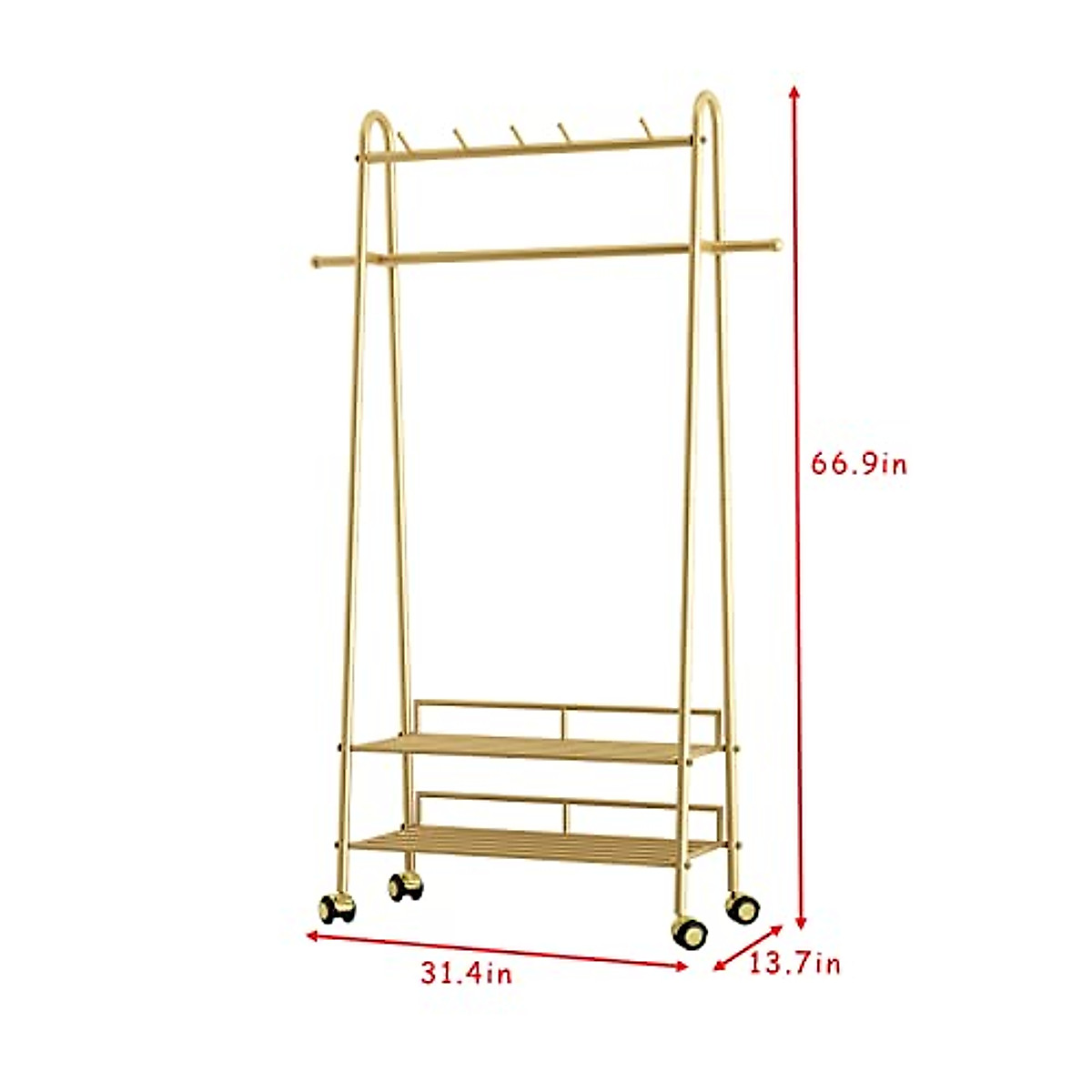 TIEOU Rolling Gold Clothing Rack, Gold Clothes Rack Heavy Duty, Clothing Rack for Hanging Clothes, Modern Clothing Rack, Coat Rack Stand, Gold Clothing Rack, Garment Rack, Pipe Clothing Rack, Gold