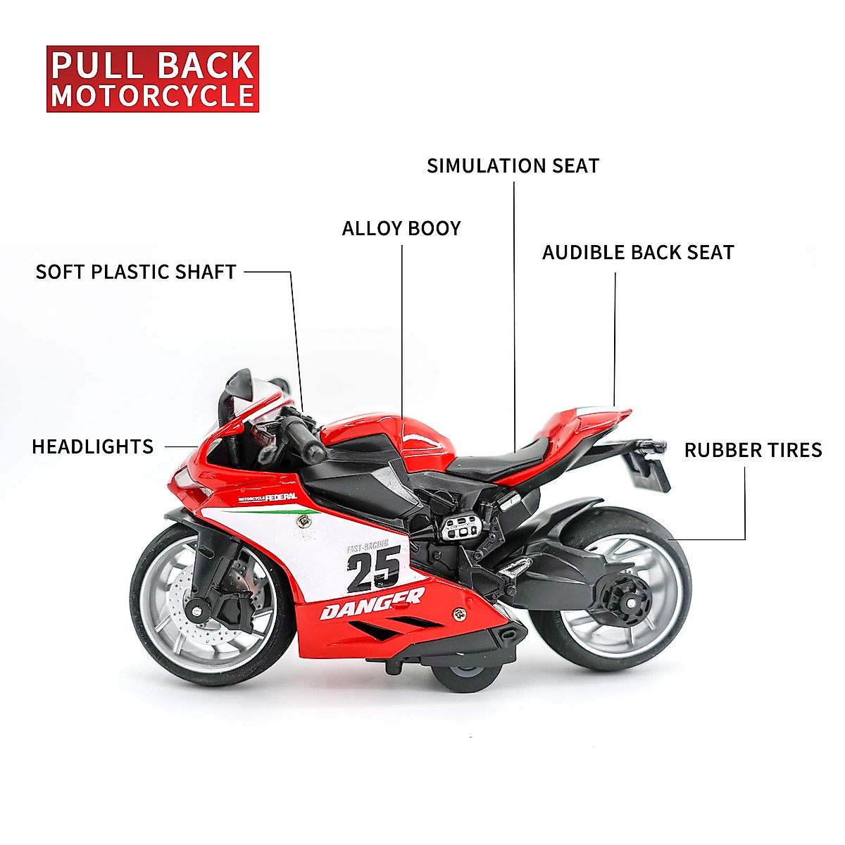 MING YING 66 Pull Back Motorcycle Model - 1:12 Scale Toy Motorcycle,Motorcycle Toy with Light and Music Gift for Children Boys and Girls (Red)