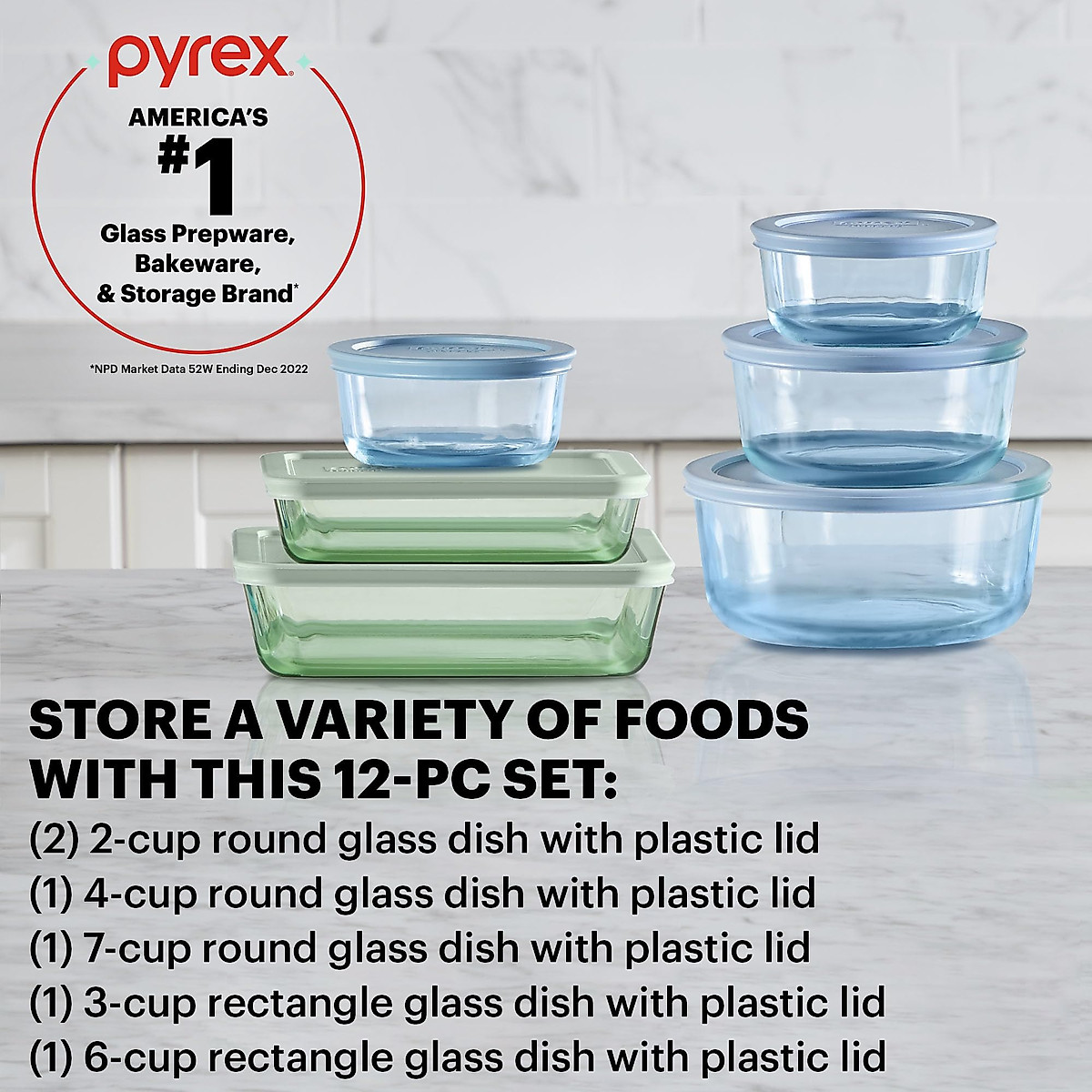 Pyrex Colors (6-Pack, Full Set) Tinted Glass Food Storage Container Set, Snug Fit Non-Toxic Plastic BPA-Free Lids, Freezer Dishwasher Microwave Safe, 3 Cup, 6 Cup & 11