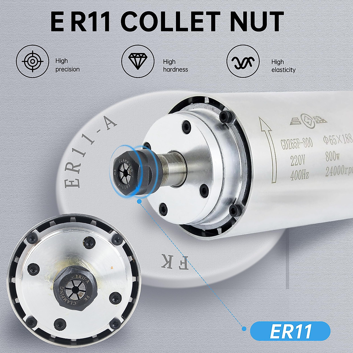 RATTMMOTOR CNC Spindle Milling Motor, 800W Air Cooled Spindle Motor 110VAC 24000RP 65mm CNC Spindle CNC Motor ER11 400HZ for CNC Router Engraver Milling Machine