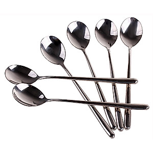 Korean Stainless Steel Rice Soup Iced Tea Spoon Coffee Spoon Cold Drink Spoon Fruit Juice Long Ice Scoop Long handle Great Circle 6Pcs