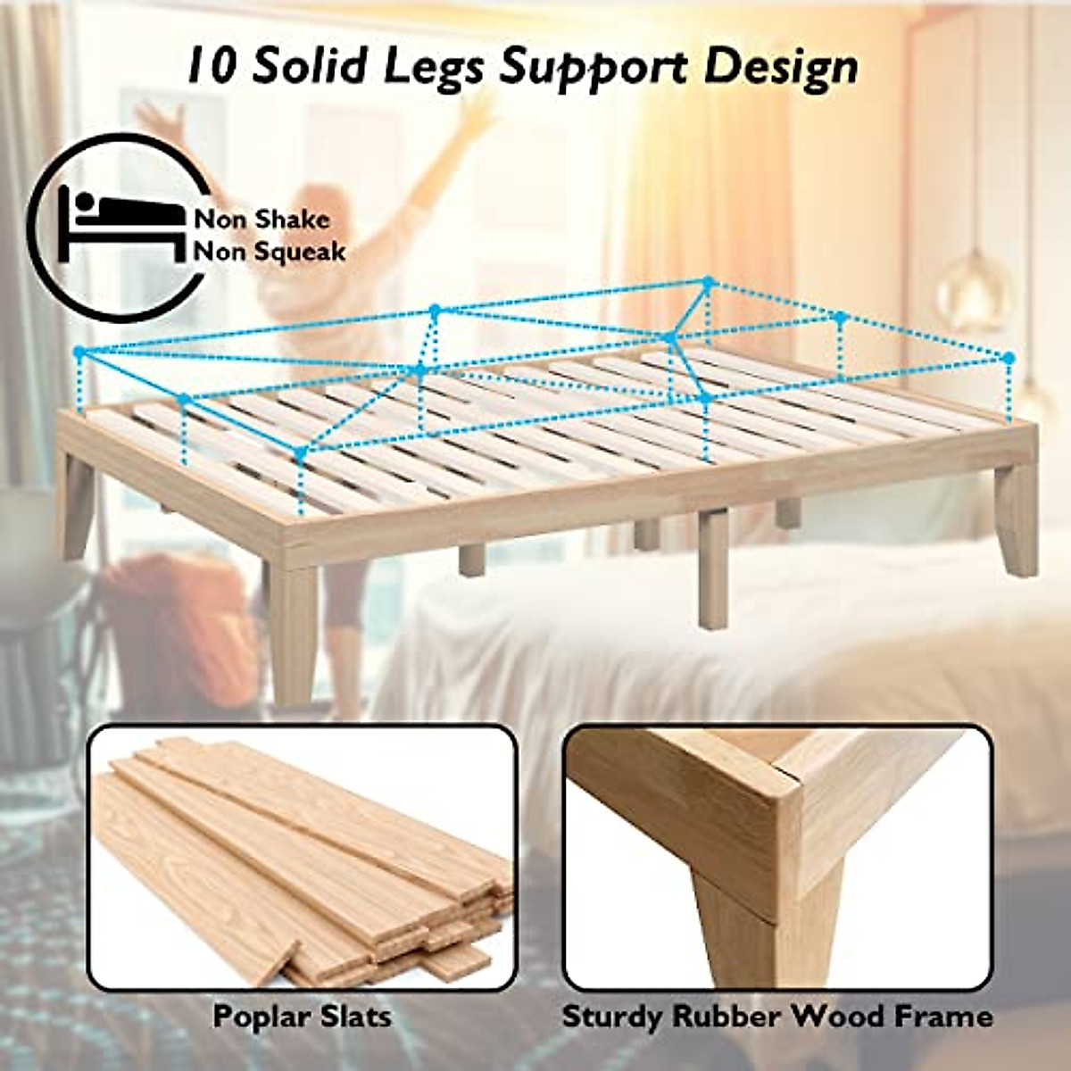 Giantex Queen Wood Platform Bed Frame, 14 Inch Solid Rubber Wood Mattress Foundation, Heavy Duty Wood Slats Support, No Box Spring Needed, Easy Assembly, Natural