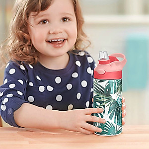 Tropical Palm Leaves Kids Water Bottle, Vacuum Insulated Stainless Steel, Double Walled Leakproof Tumbler Travel Cup for Girls Boys Toddlers, 12 oz