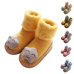 Lykmera Cute Fleece Socks Shoes Toddler Kids Boys Girls Walking Shoes Flat Bottom Floor Socks Shoes Non Slip Cartoon Shoes (Beige, 18-24 Months)