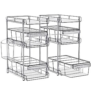 Clear Bathroom Organizers 3 Tier 2 Pack, Pull Out Organizer and Storage with 2 Cups, Slide Out Drawer Storage Container with 12 Dividers, Multi-Purpose Bathroom Organizer, Kitchen Under Sink Organizer