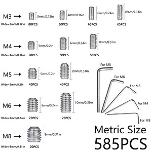JROUTH 1000pcs Metric + SAE Set Screw Assortment Kit, Internal Hex Drive Cup-Point Allen Screws Set 304 Stainless Steel Grub Screw (M3-M8, 1/8""-40 to 5/16""-18)