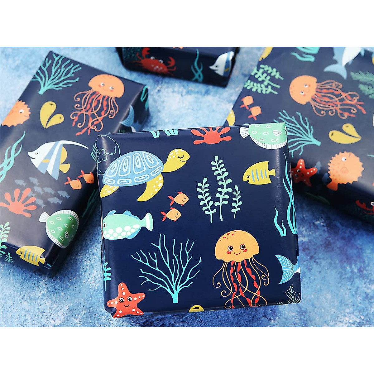 Ocean Themed Birthday Wrapping Paper For Kids Girls Boys, Under the Water Animal Coastal Design Gift Wrap Paper for Birthday Baby Shower Children's Day, 4 Sheets Folded Flat 20x28 Inches Per Sheet