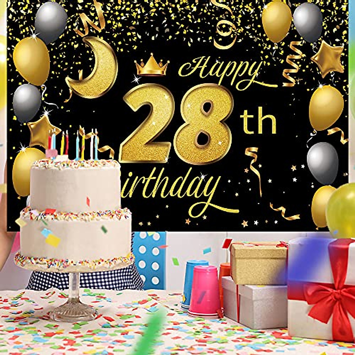Sweet Happy 28th Birthday Backdrop Banner Poster 28 Birthday Party Decorations 28th Birthday Party Supplies 28th Photo Background for Girls,Boys,Women,Men - Black Gold 72.8 x 43.3 Inch