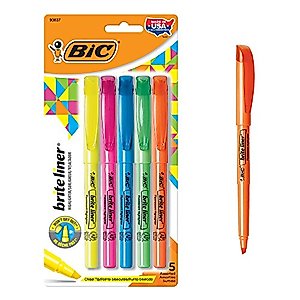 BIC Brite Liner Highlighter, Chisel Tip, Assorted Colors, For Broad Highlighting or Fine Underlining, 5 count (Pack of 1)