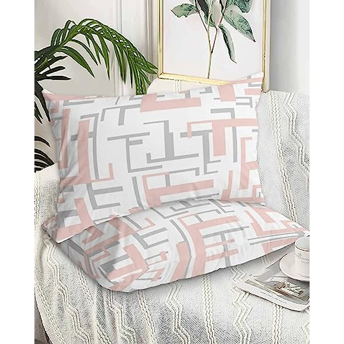 Edwiinsa Pink Grey Pillow Covers Standard Size Set of 2 Bed Pillow, Modern Geometric Abstract Art Aesthetics Plush Soft Comfort for Hair/Skin Cooling Pillowcases with Envelop Closure 20''x26''