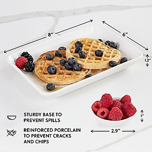 FAMHH 8 Inch Appetizer Plates Set with Dipping Cups for Serving, Desserts, Salads – Chip-Resistant, Porcelain, Rectangular Dinner Plates – Free of Plastic & Lead – 6 Small, White Dinner Plates & Cups