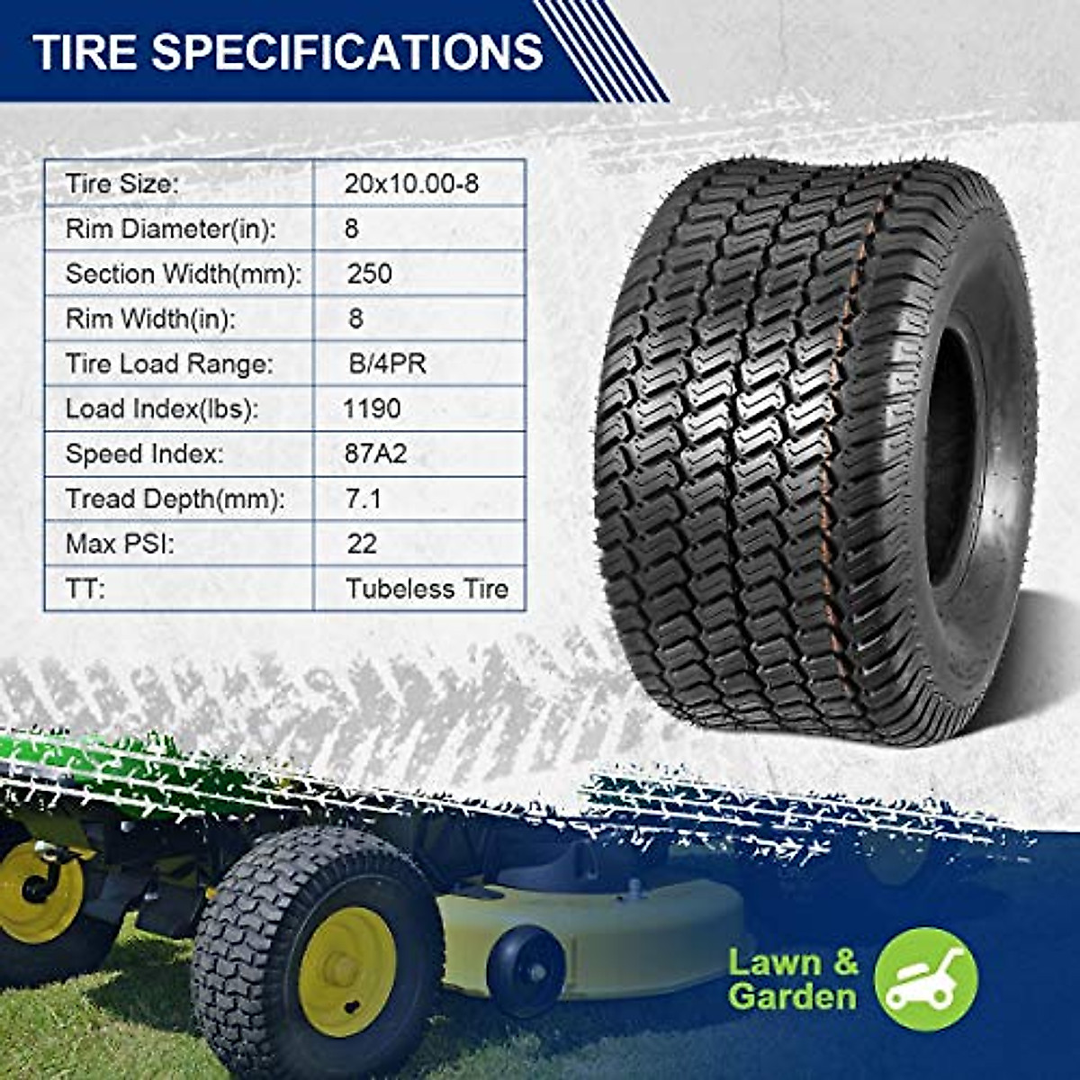 MaxAuto 20x10.00-8 Lawn Mower Tires, 20x10-8 Tractor Turf Tire, 20x10x8 NHS Tires, 4Ply Tubeless, Set of 2