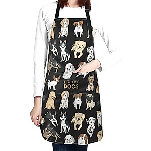 Cute Dog Grooming Apron,Funny Pet Grooming Waterproof Aprons for Women With 2 Pockets & Adjustable Neck,Black Gold Chef Aprons Christmas Gifts for Kitchen Cooking Baking Gardening