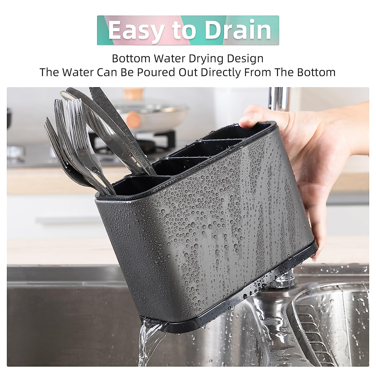 LIBODOUR Silverware Organizer,Kitchen Utensil Holder For Counter,Stainless Steel Caddy,4 Compartments Organizer, Capacity Flatware Spoon Fork Tool Cutlery Holder(Grey)