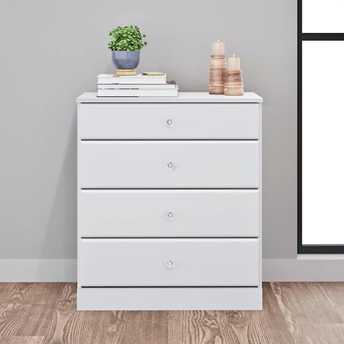 Prepac Astrid Simplistic 4-Drawer Dresser for Bedroom, Functional Chest of Drawers with Acrylic Knobs 18.25" D x 30" W x 34" H, White, WDBR-0401-1-V
