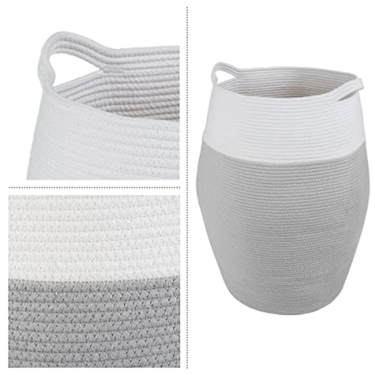 Laundry Basket - Curved Cotton Rope Basket with Handles for Living Room, Bedroom, Bathroom, Nursery, and Laundry Room Storage by Home-Complete (Gray) Large