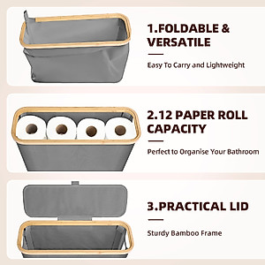 Foldable Toilet Paper Storage Basket with Lid and Handle for 12 Rolls, Waterproof Free Standing Toilet Paper Holder Stand, Bathroom Organizer Cabinet Container, Toilet Tissue Storage Bin for RV Closet