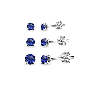 Blue Earrings for Women Sterling Silver Studs Synthetic Spinel Gemstone Sapphire Earring Jewelry Set for Bridesmaids Fashion Trendy Gift, 3mm 4mm 5mm, 3-Pairs