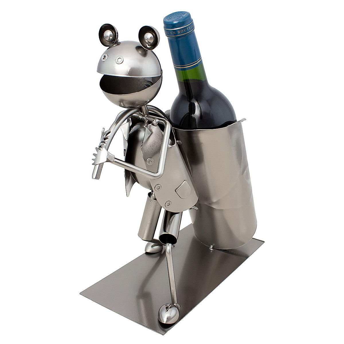 BRUBAKER Wine Bottle Holder 'Frog' - Table Top Metal Sculpture - with Greeting Card