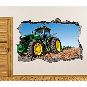 Green Tractor Wall Decal Art Decor 3D Smashed Concrete Farm Sticker Kids Bedroom Mural Custom Gift UP26 (24"W x 16"H)