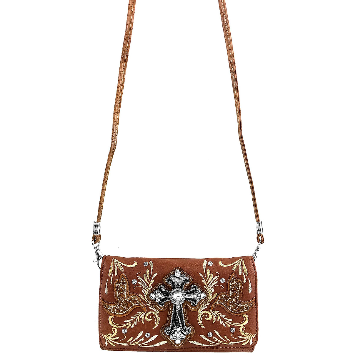 Justin West Embroidery Hummingbird Autumn Floral Design Rhinestone Cross Wristlet Trifold Wallet Attachable Long Strap (Turquoise)