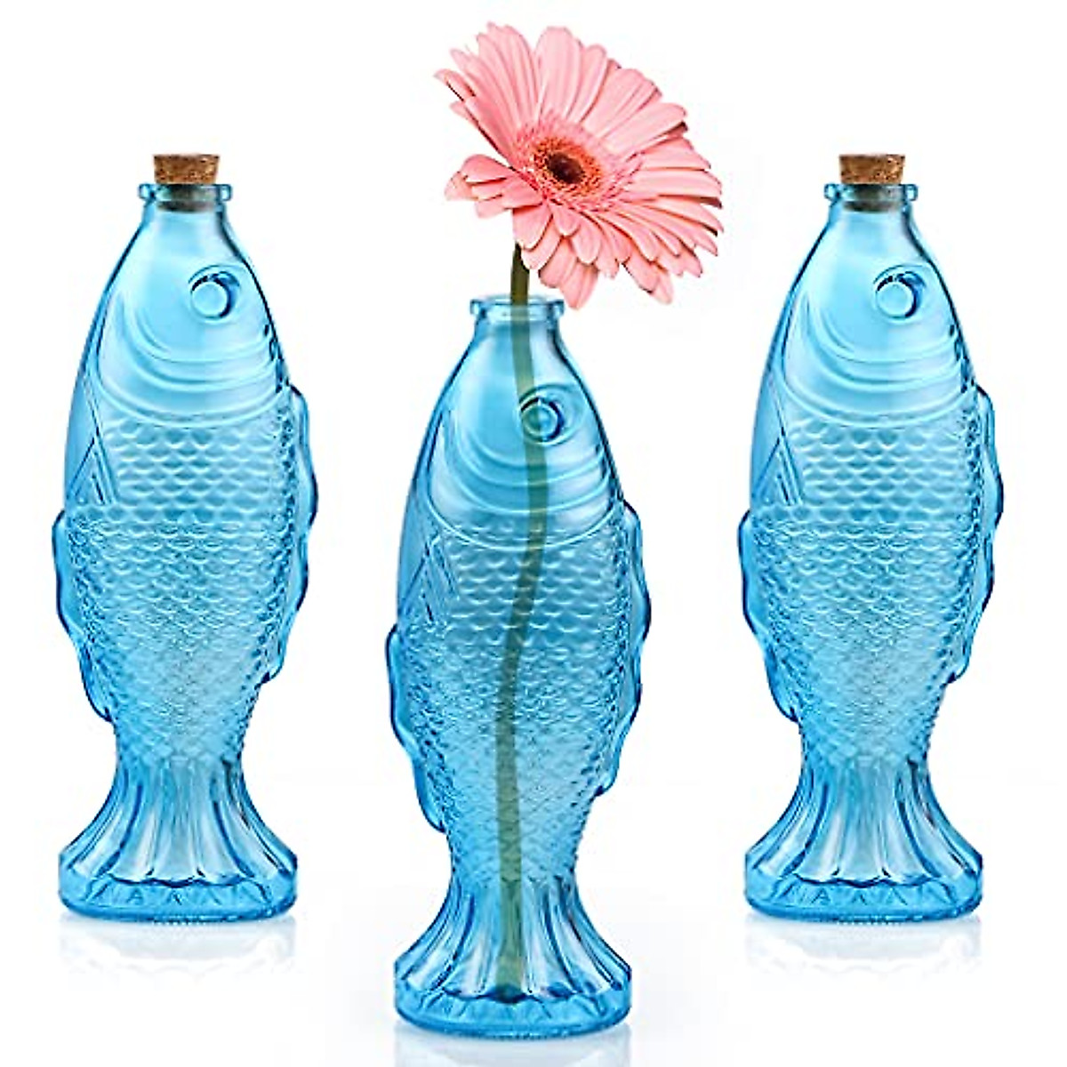 MDLUU 3-Pack Fish Shaped Glass Bottles, Decorative Bottles with Cork Stopper, Fish Decanters for Gift, Bar, Home Decor, Capacity 500ml/17.5oz (Blue)