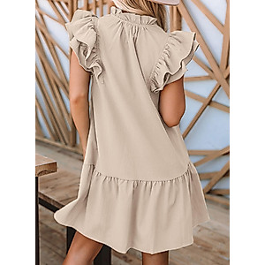 Dokotoo Spring Summer Dresses for Women 2024 Sleeveless V-Neck Ruffle Pockets Lightweight Swing Tunic Dress Solid Color Easter Mini Short Dress Beige Meium
