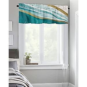 Abstract Curtain Valance for Window,Kitchen Rod Pocket Short Curtains Panel Turquoise White Gold Marble Texture Windows Treatment Drapes for Bathroom Living Room Decor 42x12In Stone Fluid Art