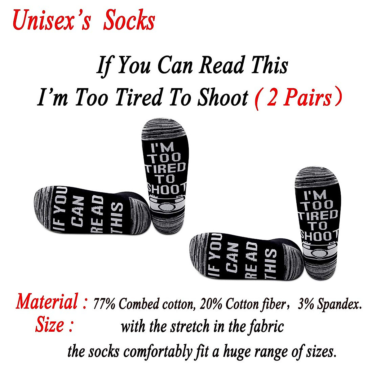 JXGZSO 2 Pairs Photographer Gift Camera Socks Photography Gift If You Can Read This I’m Too Tired To Shoot Socks (Too Tired To Shoot)