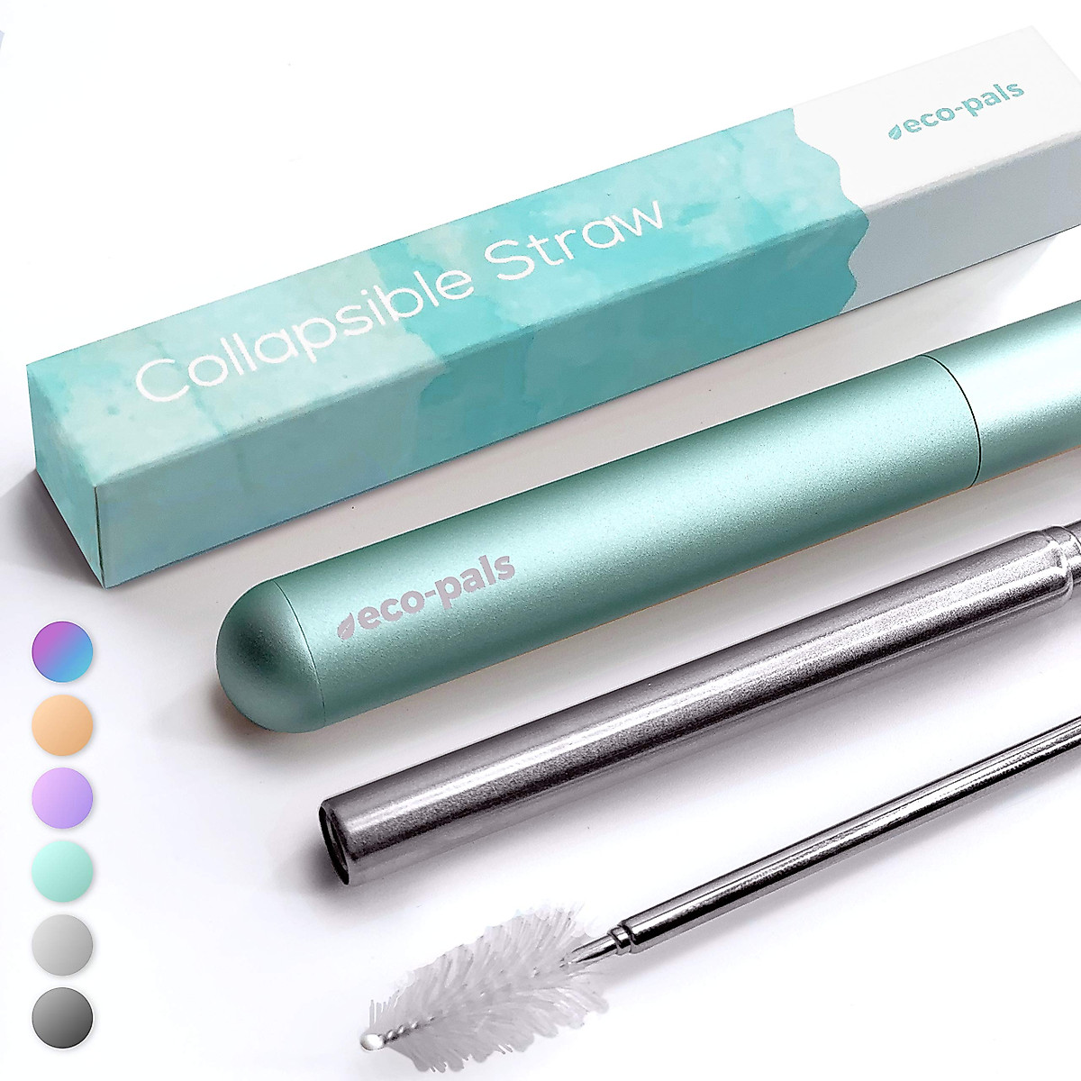 2PACK Eco-Pals | Straws Drinking Reusable Folding Straw | Stainless Steel Straw | Dishwasher Safe (Unicorn + Seafoam)