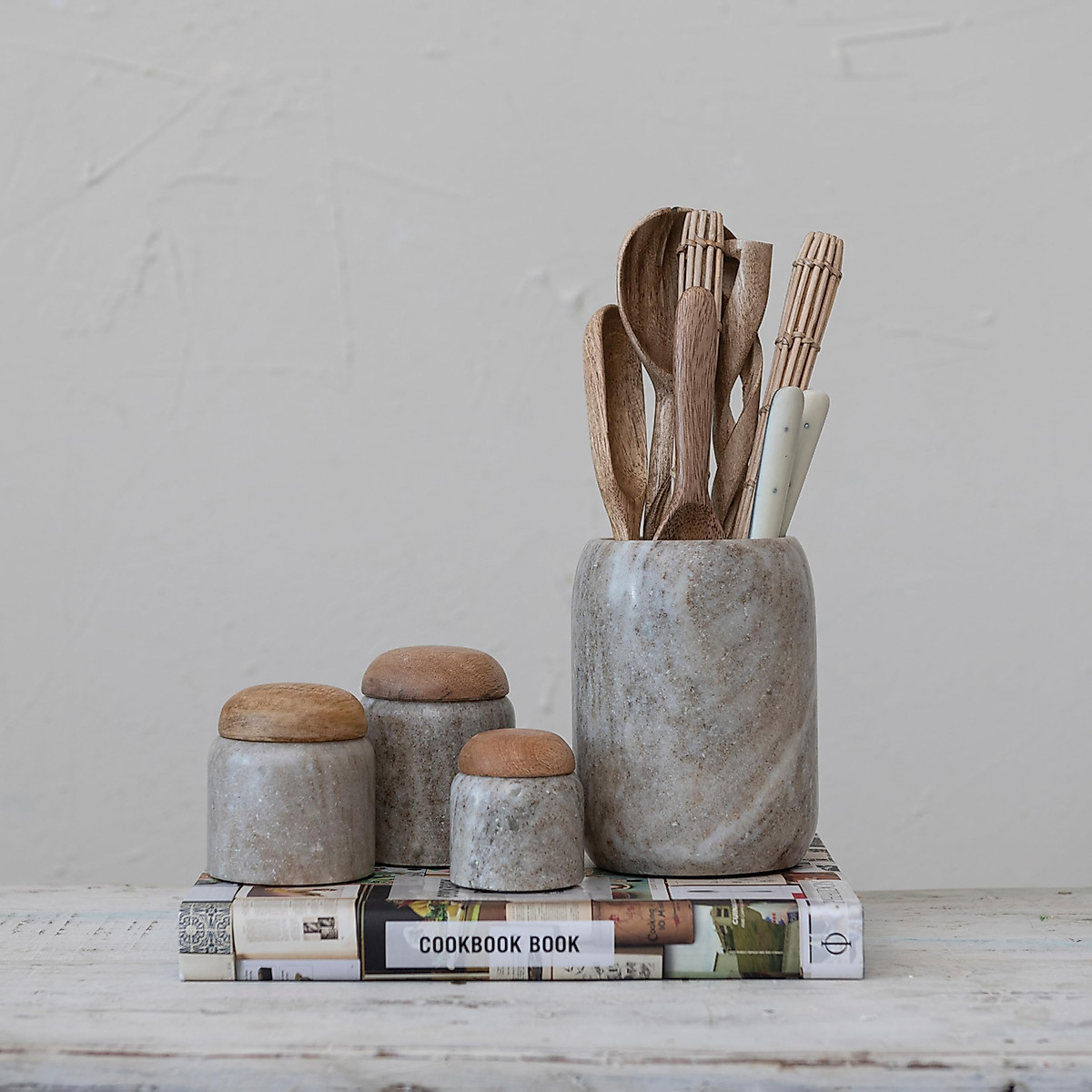 Creative Co-Op Modern Marble Canister with Wood Lid, Natural