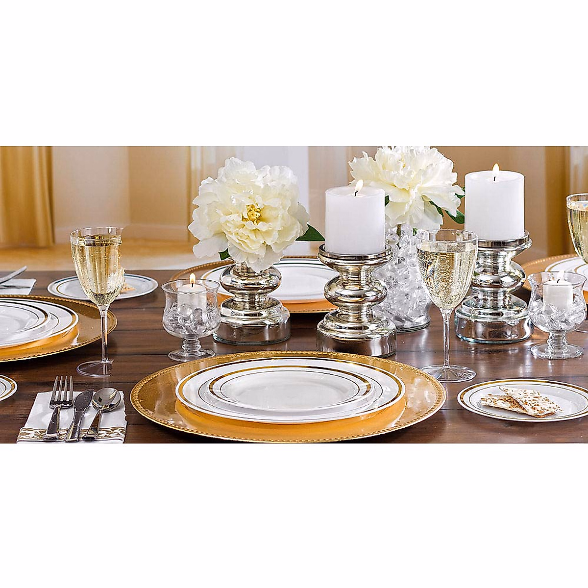 White Premium Plastic Round Plates With Gold Trim - 10.25" (10 Pcs) - Elegant Disposable Dinnerware For Weddings, Parties & Events