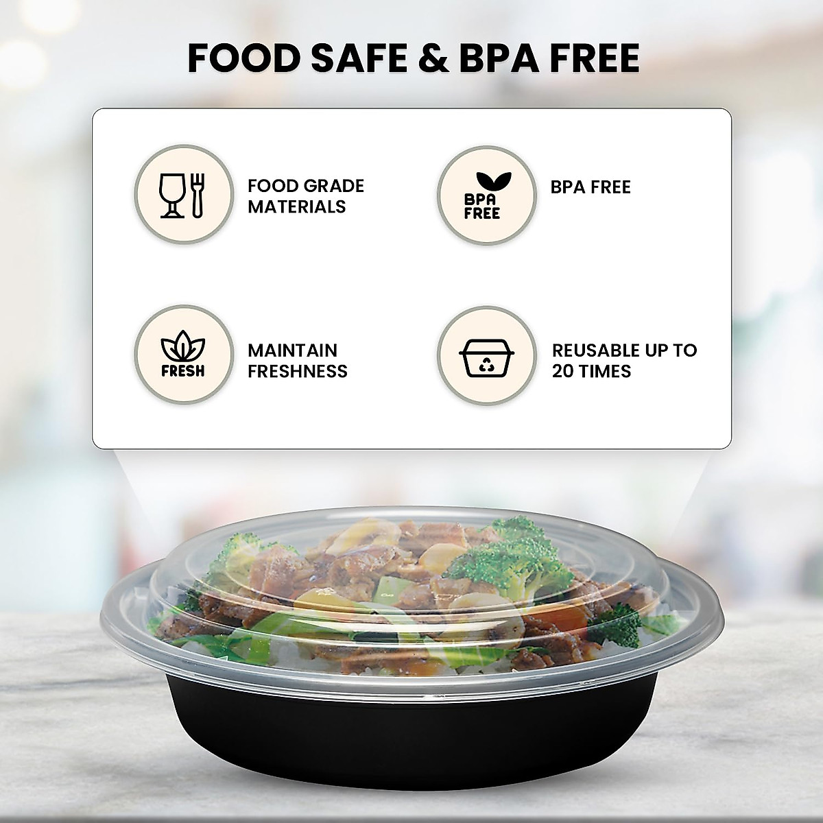 Klex Meal Prep Containers with Airtight Lids, BPA Free, Reusable Plastic Food Container, 12 oz, Round, Black/Clear, 50 Sets