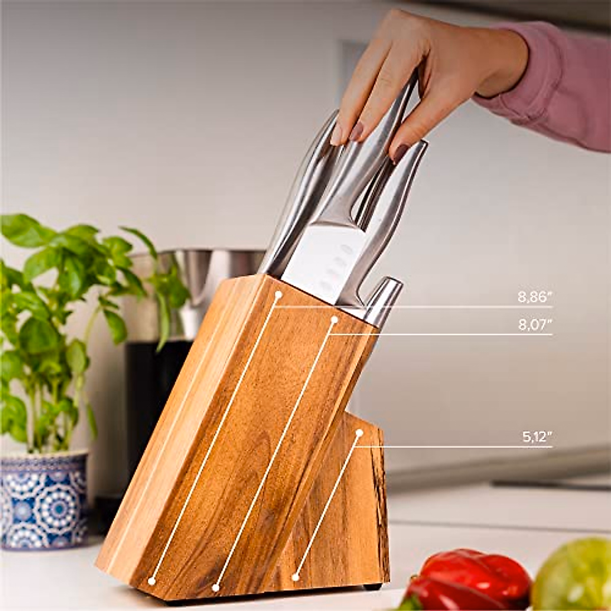 Coninx Acacia Wood Kitchen Knife Block - Professional Quality Wood Knife Organizer - Convenient & Secure Knife Stand To Save Space & Keep Knives Neat & Sharp - Knife Blocks for Kitchen Knife Storage