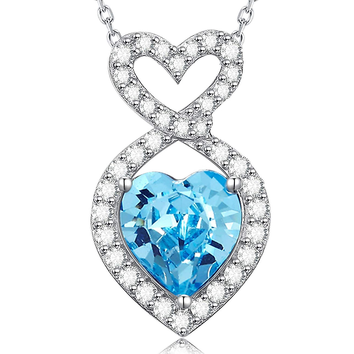 March Birthstone Aquamarine Necklace for Wife Birthday Gifts Mom Sterling Silver Double Hearts Forever Love Infinity Jewelry Women Wedding