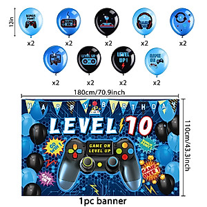 Vlipoeasn Video Game 10th Birthday Decorations for Boys, Blue Level 10 Banner Backdrop Honeycomb Centerpieces Hanging Swirls for 10th Birthday Party, Gamer 10 Years Old Party Supplies