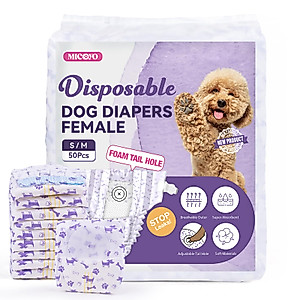 MICOOYO Disposable Dog Diapers Female, Doggie Diapers for Dogs Female, Super Absorbent Pet Diapers Foam Tail Hole Female Dog Diapers for Heat, Comfortable Puppy Diapers (Small Plus, 50Count)