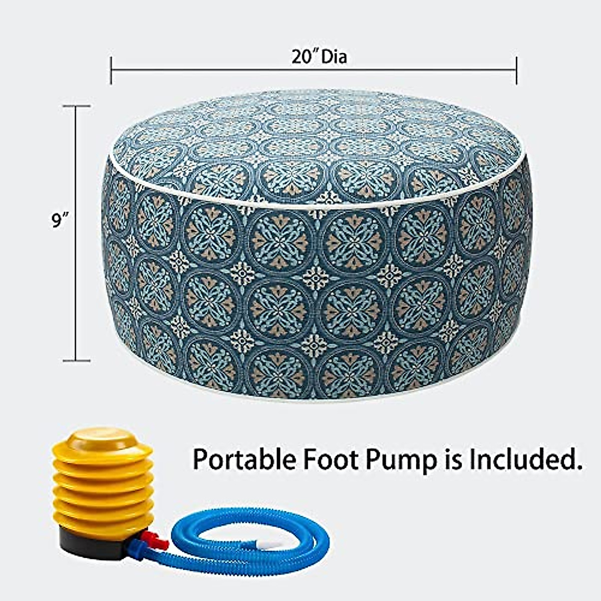MAGPIE FABRICS Indoor/Outdoor Inflatable Stool Ottoman Pouf, Water Repellent Round Footrest Footstool with Foot Pump D20 xH9, Portable for Patio Garden Travel Camping or Home, Morgan Medal Blue