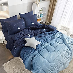 HYPREST Bed in A Bag Queen Comforter Set with Sheets - 7 Pieces Queen Teen Comforter Sets for Girls Boys, Monn Star Blue Bedding Comforter Sets Super Soft Lightweight Breathable(Oeko-Tex Certified)
