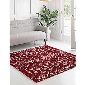 Unique Loom Moroccan Trellis Shag Collection Area Rug - Meknes (10' Square, Burgundy Red/Ivory)
