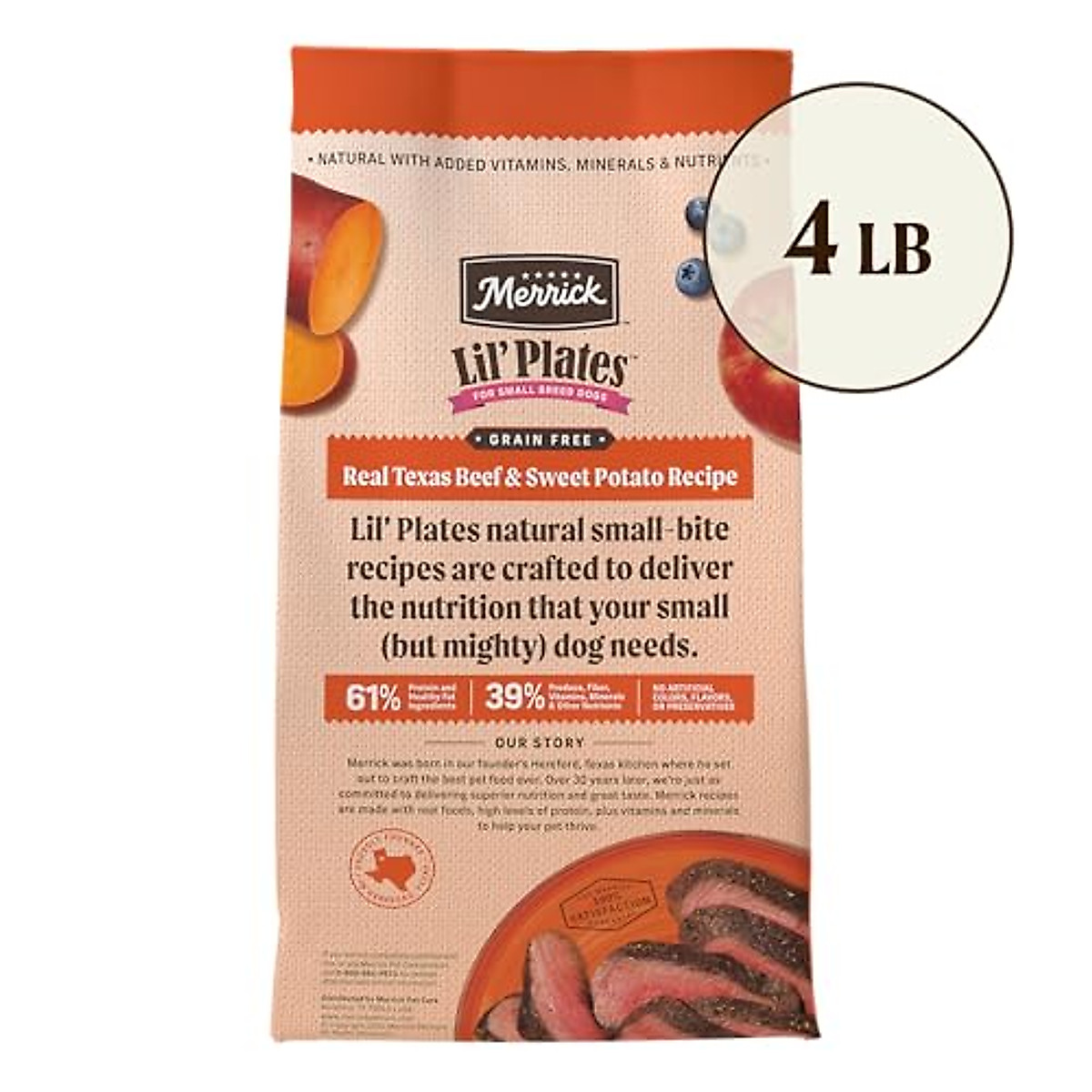 Merrick Lil’ Plates Premium Grain Free Dry Dog Food For Small Dogs, Real Texas Beef And Sweet Potato Kibble - 4.0 lb. Bag