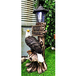 Ebros Home of The Brave Patriotic American Bald Eagle Perching On Tree Stump Garden Courtesy Night Light Statue Solar LED Lantern Lamp Guest Greeter Decor for Patio Poolside Home Figurine
