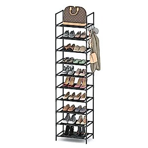 Wodeer Shoe Rack,10 Tiers Tall Free Standing Shoe Racks,Narrow Shoe Storage 20-24 Pairs Shoes, Space-Saving Shoe Shelf Organizer for Closet,Entryway,Metal Frame&Non-Woven Shelves,Black.