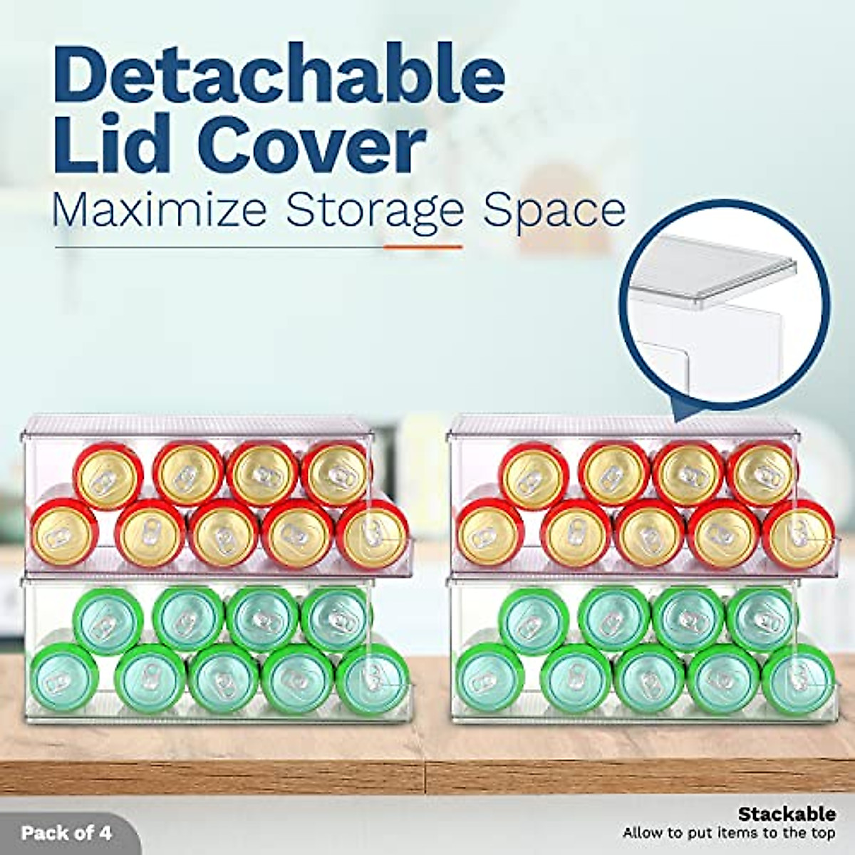 Can Drink Holder with Lid Organizer for Refrigerator, Freezer & Kitchen Cabinets - Space Saving Stackable Clear Can Organizer & Storage for Pantry Food, Canned Goods, Soda & Other Beverages (4-Pack)