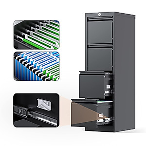 Aobabo 4 Drawer File Cabinet,Filing Cabinet with Lock for Hanging Letter/Legal Folders,Assembly Required,Black,18" D x 15" W x 52" H